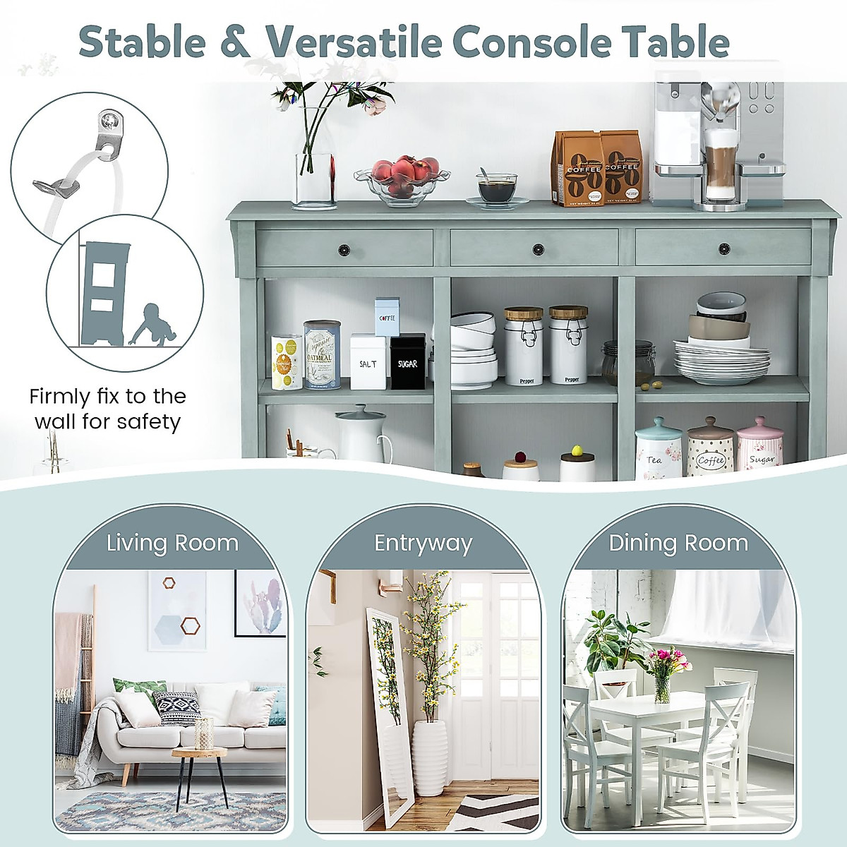 KOTEK 58'' Console Table with Storage, Retro Entryway Table with 3 Drawers and Open Shelves, Solid Wood Legs, Long Sofa Table, Hallway Table for Entryway, Living Room