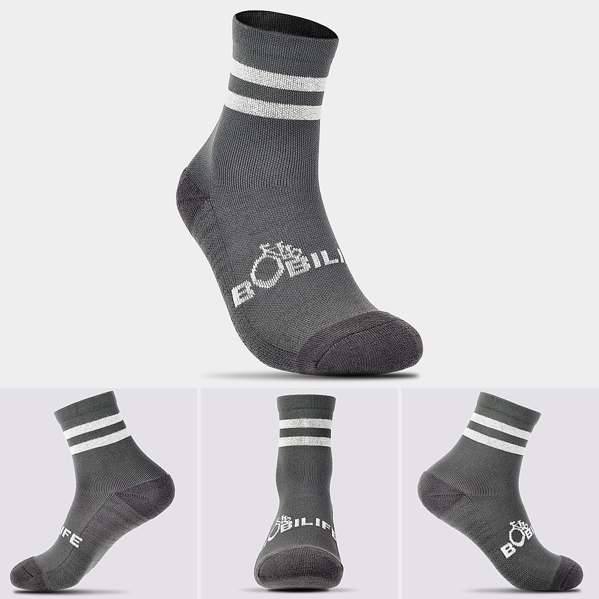 BOBILIFE Cycling Biking Socks 2 Pairs, Ergonomic Moisture Wicking Breathable Cushion Shock Absorption Quarter Crew Riding Socks, Men & Women