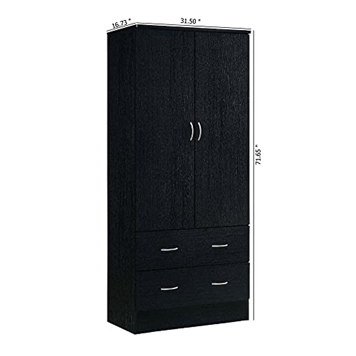 HODEDAH IMPORT Two Door Wardrobe, with Two Drawers, and Hanging Rod, Black