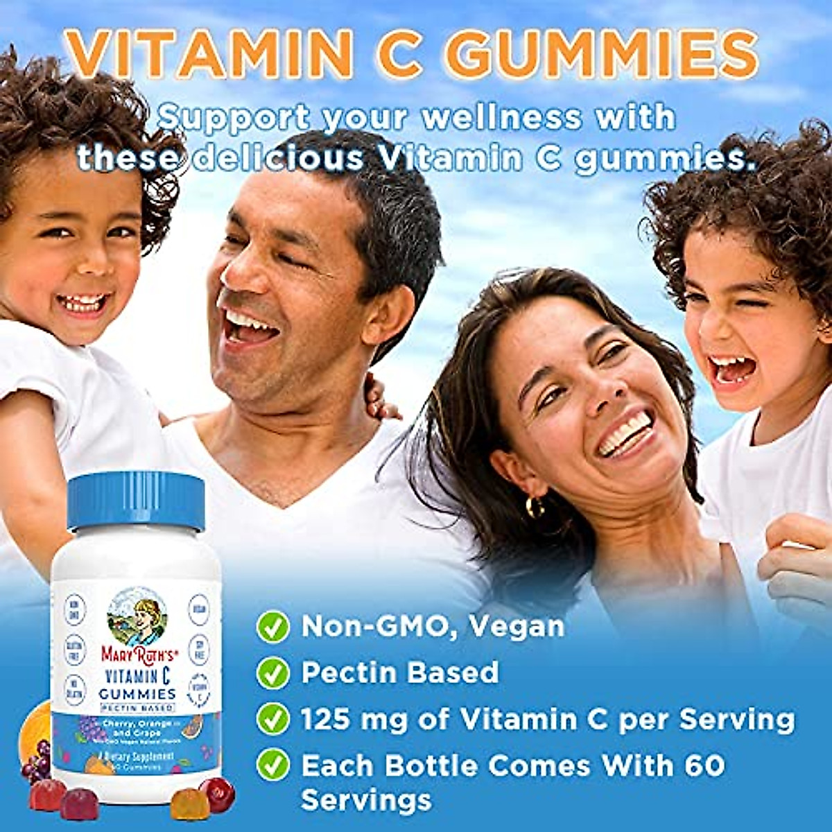Vegan Vitamin C Gummies by MaryRuth's | 2 Month Supply | Great Tasting Plant-Based Formula Supports Immune Function & Overall Health for Adults & Kids | Non-GMO with 125 mg of Vitamin C Per Gummy