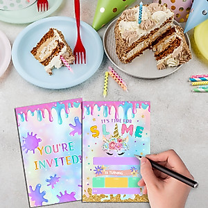 Ycyfckdr Slime Birthday Invitations for Kids, Magic Unicorn Birthday Party Invitation Cards, Gold Glitter Party Celebration Supplies Decoration -20 Fill in Invitations with Envelopes (B14)