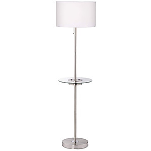 360 Lighting Caper Modern Floor Lamp with Tray USB and AC Power Outlet on Table Glass 60.5" Tall Satin Nickel White Fabric Drum Shade for Living Room Reading House Bedroom