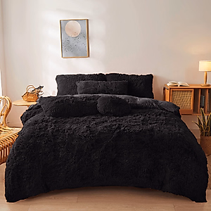 Furry Plush Pillow Covers, Ultra Soft Black Faux Fur, Decorative Bed Pillows, Zipper Closure, Set of 2 (Standard)