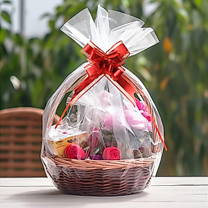 ELTNEGSA 30x45 Inch Clear Basket Bags, 10 Pack Large Cellophane Wrap Bags Basket Packaging Bags with 10pcs Bows for Christmas Gift Packages Fruit Basket