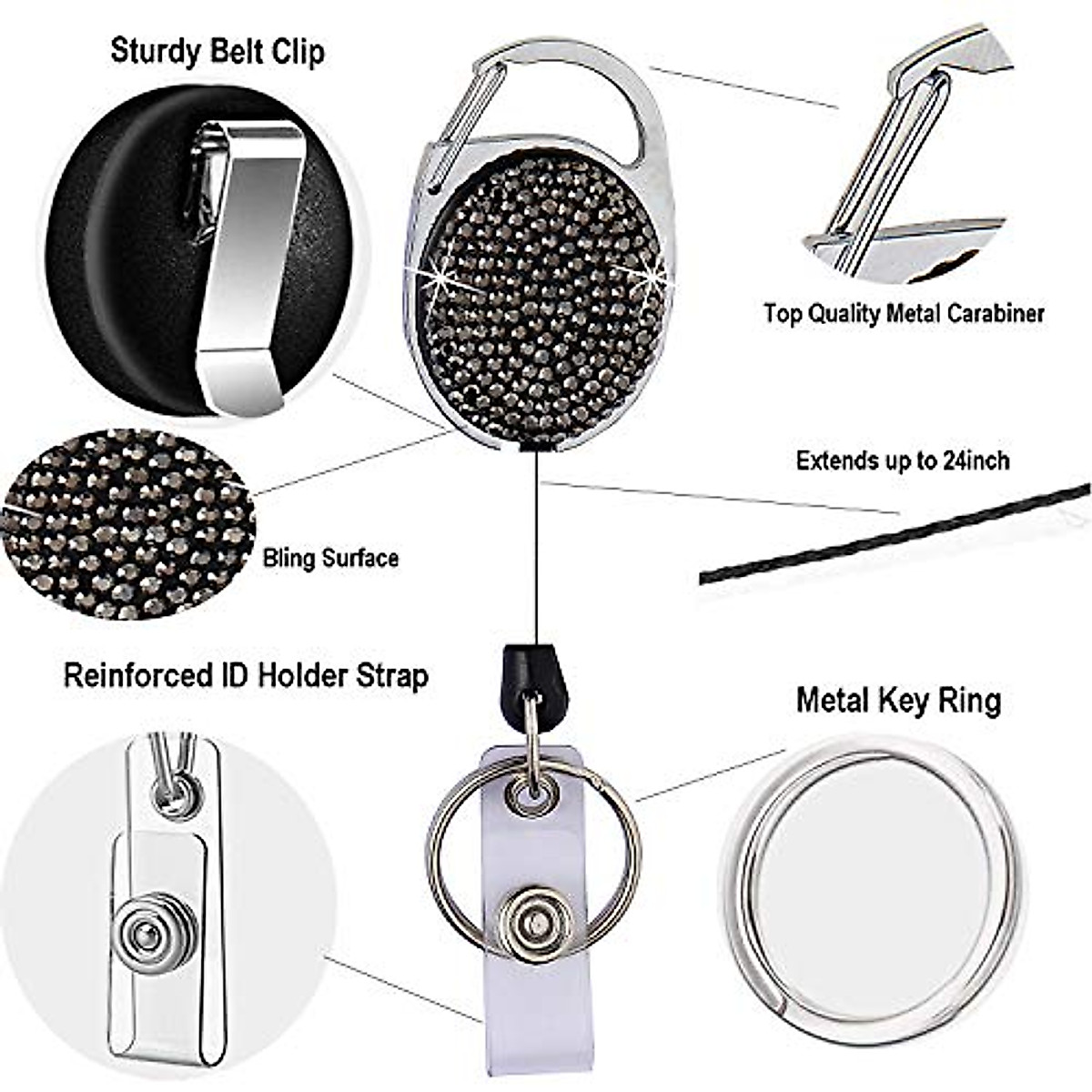 Retractable Badge Holders with Bling Rhinestones Crystal, Badge Reel with Belt Clip and Key Ring, 24 inches Thick Kevlar Pull Cord. (4pcs- Silver, Black, Pink and Purple)