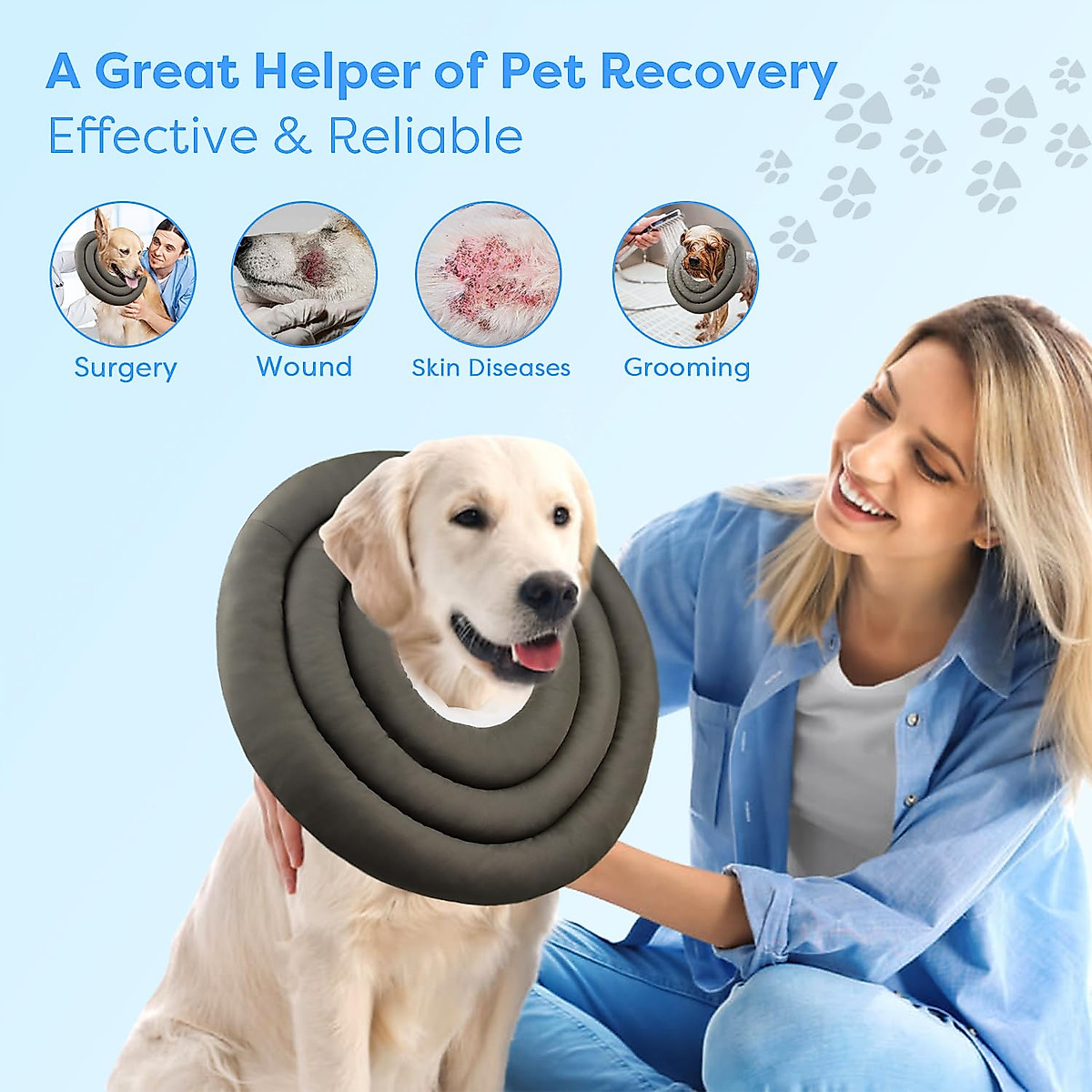 Dinram Soft Dog Cone for Recovery, Adjustable Pet Cone Alternative, Comfy Elizabethan Collar for Small Dogs and Cats After Surgery, Grey, S