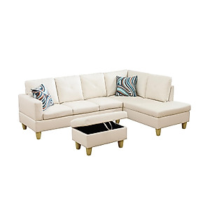 VURAX 3-Piece Faux Leather L-Shaped Sectional Sofas with Left Chaise Longue and Storage Ottoman, Button Tufted Upholstered Couch Set, for Living Room, Home, Office