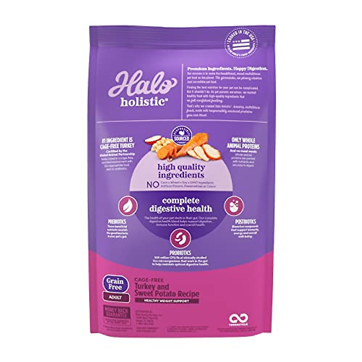 Halo Purely for Pets Holistic Dog Food, Complete Digestive Health Grain Free Cage-Free Turkey and Sweet Potato Recipe, Healthy Weight Support, Dry Dog Food Bag, Adult Formula, 3.5-lb Bag