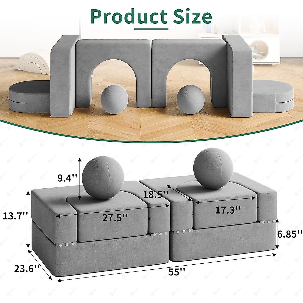 8 Pcs Kids Couch, Modular Kids Play Couch, Fold Out Toddler Couch Building Fort with Balls for Playroom, Convertible Kids Floor Sofa and Foam Couch for Boys and Girls, 30+ Creativity - Grey