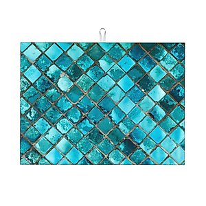 Teery-YY Dish Drying Mat Turquoise Blue Pattern Microfiber Absorbent Reversible Kitchenware Mat for Kitchen Counter Decor - Large 18 x 24 Inch