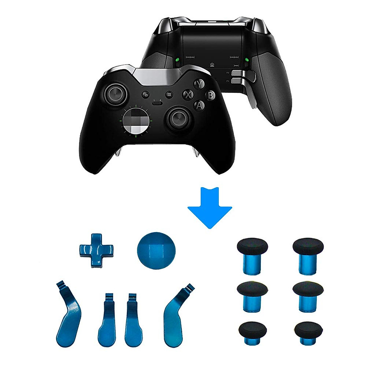 E-MODS GAMING 12 in 1 - Metal Mod 6 Swap Thumbsticks Joysticks, 4 Paddles & 2 Dpads with Open Tool for Xbox One Elite Controller -Model 1698(Blue)
