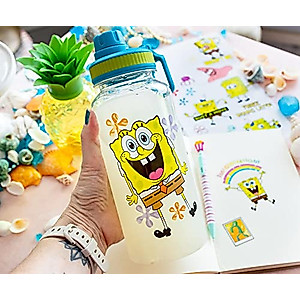 Silver Buffalo SpongeBob SquarePants Happy Laugh Flowers 32-Ounce Twist Spout Water Bottle And Sticker Set | BPA-Free Plastic Sports Jug