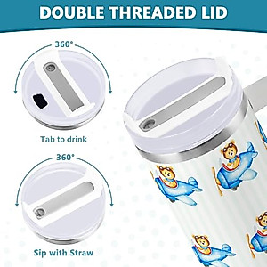 ODAWA Large Travel Coffee Tumbler with Handle and Straw, Bear Pilot Blue Airplane Leak Proof Tumbler