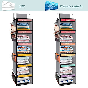 Fixwal 6-Shelf Weekly Hanging Closet Organizer for Kids with 6 Side Pockets, Weekday Kids Clothes Organizers Monday Through Friday Clothes Foldable Hanging Storage Shelves (Grey)