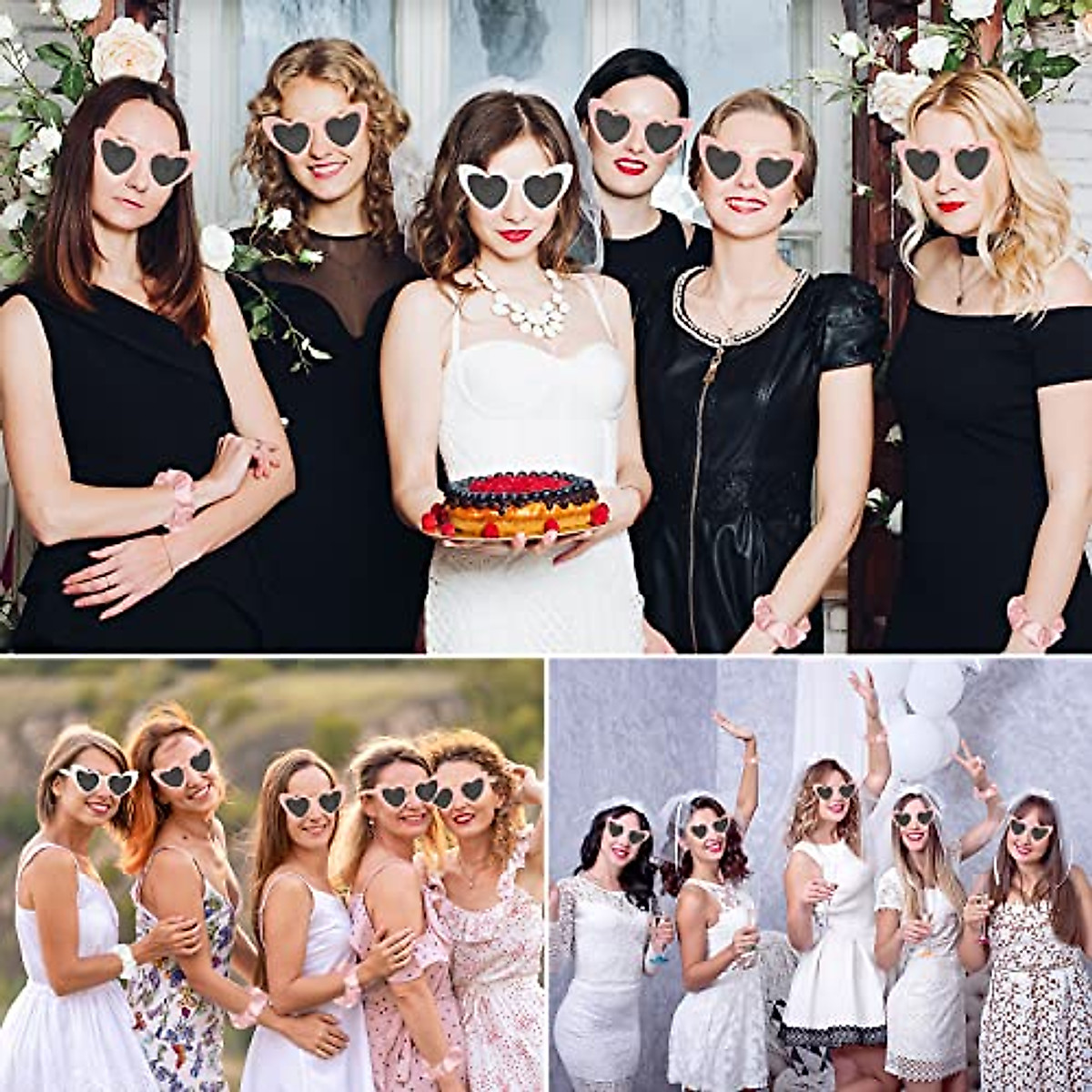 PLULON 9 Pairs Heart Shaped Sunglasses with 9 Pieces Satin Hair Scrunchies Bachelorette Party Heart Sunglasses Bulk Bride Bridesmaid Glasses for Wedding Party