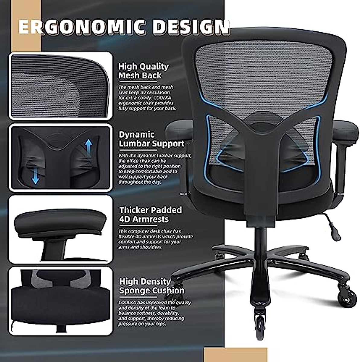 Big and Tall Office Chair 400lbs - Ergonomic Mesh Executive Desk Chair, Heavy Duty Computer Chair-Wide Thick Seat Cushion, Metal Base, Adjustable Lumbar Support, Rubber Blade Wheels, 4D Armrests
