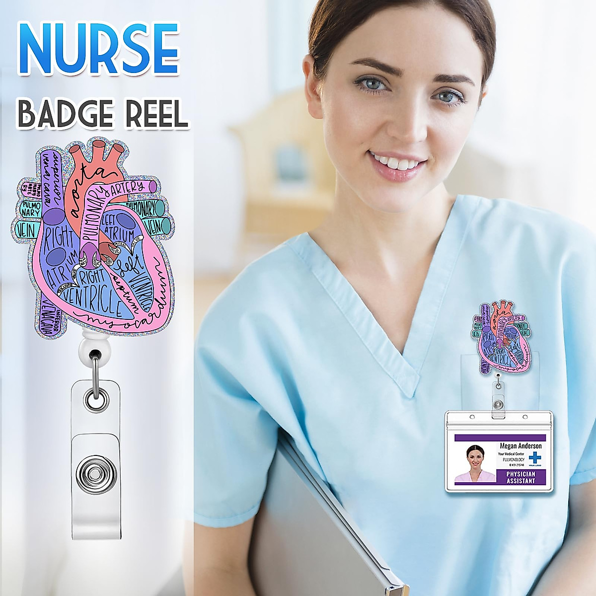 Cardiac Badge Reel Holder Retractable with ID Clip for Nurse Nursing Name Tag Card Heart Anatomy Nursing Student Doctor RN LPN Medical Assistant Work Office Alligator Clip Badge Accessories