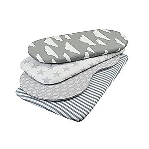 Bassinet Fitted Sheets 4 Pack for Baby Boy and Girl, Stretchy Soft Knitted Sheet Universal for Hourglass Oval and Rectangle Bassinet Mattress, Unisex Stripe Star Cloud and Arrow Printing