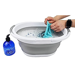 SAMMART 11L (2.9 Gallon) Collapsible Basket with Handle - Portable Outdoor Picnic Basket / Crater - Foldable Shopping Bag - Space Saving Storage Container (Lake Green + Grey)