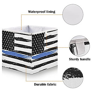KEEPREAL USA Flag A with Thin Blue Line Basket Bin Large Storage Basket Toy Basket Rectangular Storage Basket Clothes Basket Decorative Basket for Home Office