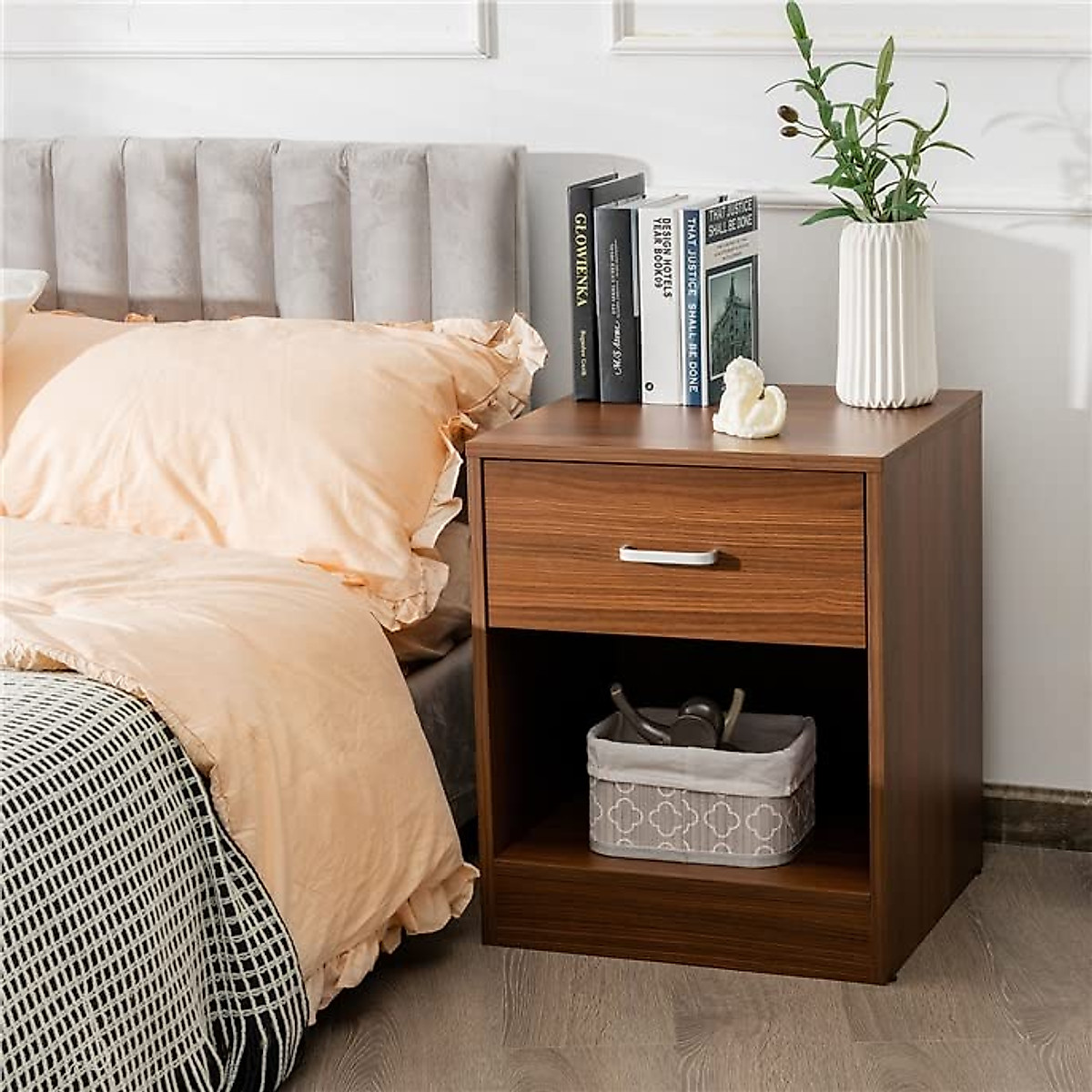 SAFEPLUS End Table Wood nightstand Side Cabinet with Drawer & Shelves for Bedroom (Brown, 2 Pack)