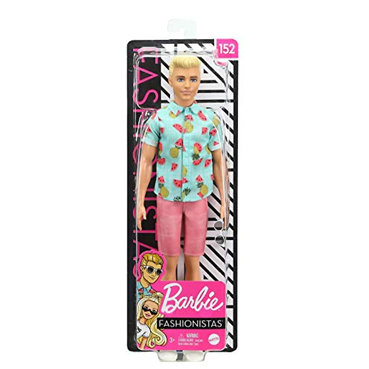 Barbie Ken Fashionistas Doll #152 with Sculpted Blonde Hair Wearing Blue Tropical-Print Shirt, Coral Shorts, White Shoes & White Sunglasses, Toy for Kids 3 to 8 Years Old