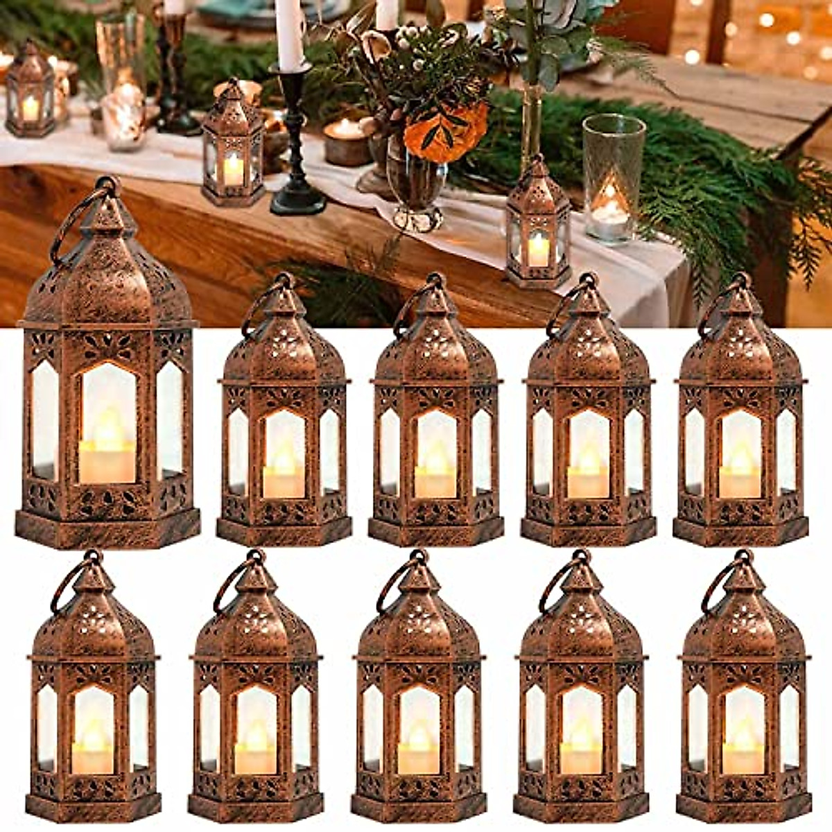 SHYMERY Mini Lantern with Flickering LED Candles,Battery Included,Decorative Hanging Lantern,Christmas Decorative Lantern,Indoor Candle Lantern,Battery Lantern Indoor Use(Set of 8 Copper Brushed)