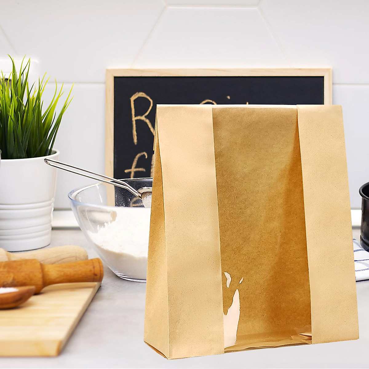 50 Pack Kraft Sourdough Bread Bags with Thank You Stickers,Large Paper Bakery Bags with Clear Window for Homemade Bread, Baked Food Packaging Storage,Bread Bags(13.7x8.2x3.5 inch) (Brown)