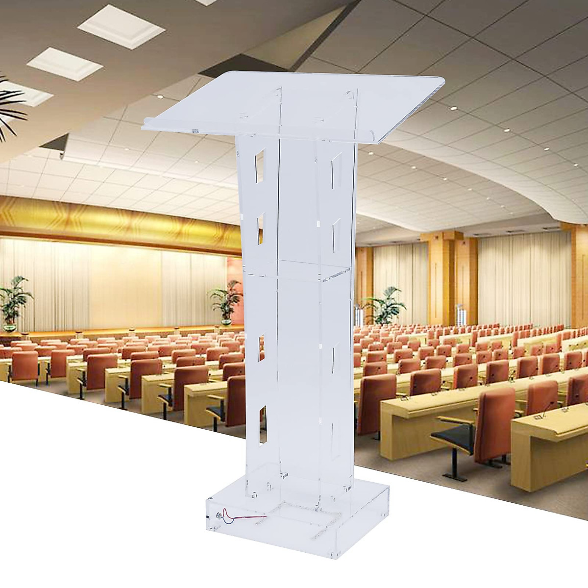 Gbonklong 110V LED Conference Pulpit Platform, Clear Acrylic Podium Speech Church Lectern Glass Transparent Lectern for Churches, Schools, Hotels, Conferences