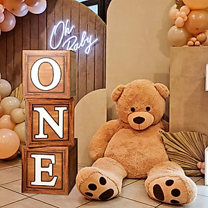 First Birthday Boxes Party Decorations 3 Wood Grain Brown blocks with ONE Letter, Printed Letters,First Birthday Centerpiece Decor, Teddy Bear Baby Shower Supplies, 1 Year Old Birthday Decorations