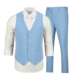 Linen Suits 2 Piece Suit Set Casual Linen Vest and Pants for Groomsmen Summer Wear Suits Groom Tuxedo Blue-XS
