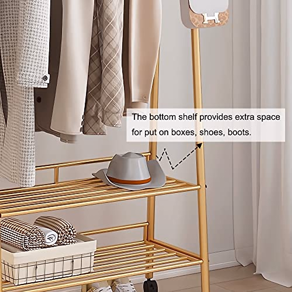 KaKaBB Gold Clothing Racks for Hanging Clothes, Heavy Duty Garment Rack, Rolling Clothes Rack with Storage Shelf on Wheels, Organizer Closet, Golden(31.5in)