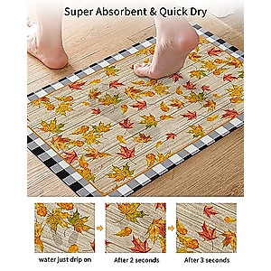 Orange Maple Leaf Bath Mat for Tub,Non Slip Bathroom Floor Runner Rug Quick Dry & Absorbent Diatomaceous Earth Kitchen Shower Sink Washable Doormat,Autumn Fall Leaves Rustic Black White Plaid 20"x32"
