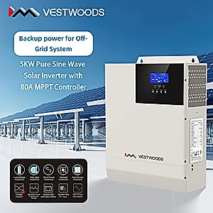 VESTWOODS 48V 5000W Hybrid Solar Inverter 48V DC to AC 110V Pure Sine Wave Off-Grid LED Inverter, 80A MPPT Solar Charge Controller, Max 500V PV Input for 48V Lead Acid or Lithium Battery