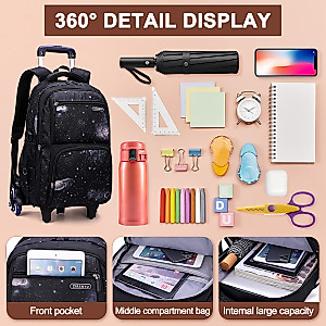 Voici et Voila Backpack with Wheels, Galaxy Trolley Schoolbag Kids Rolling Backpack with Lunch Box and Pencil Case Rolling Trolley Book Bag for Kids Boys