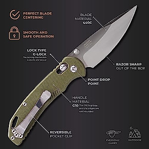 Firebird GANZO F753M1 Pocket Folding Knife Anti-Slip G-10 Handle with Clip 440C Stainless Steel Blade Camping Hunting Gear Fishing Folder Outdoor EDC Knife (Green)