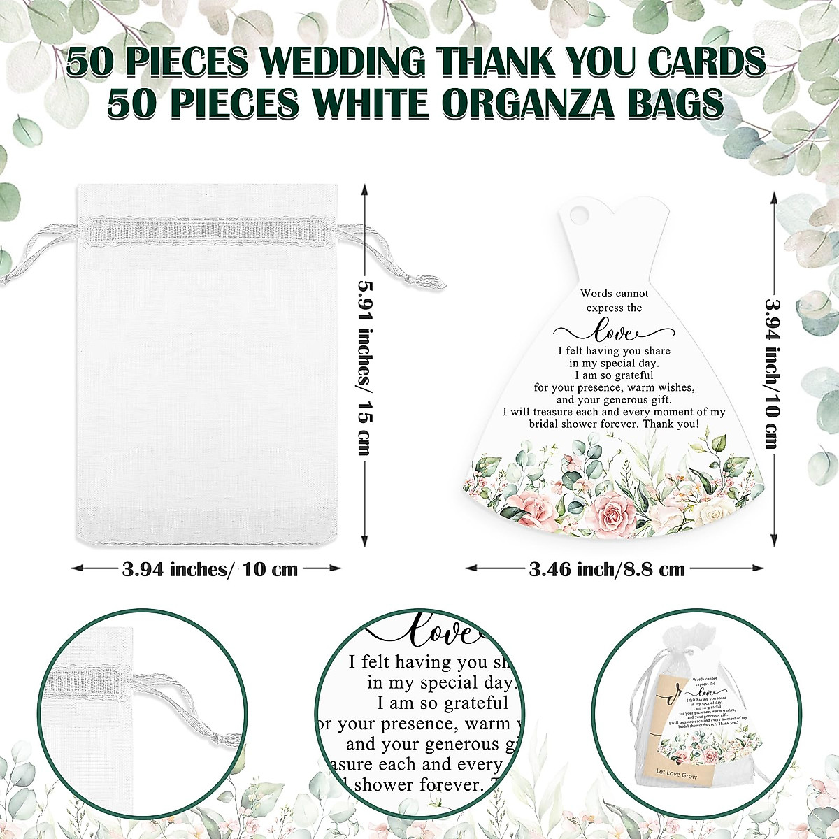 ReliThick 50 Sets Bridal Shower Party Favors for Guests Include Let Love Grow Self Adhesive Seed Packets Seed Envelopes Thank You Cards Organza Bridal Shower Gift Bags for Wedding Souvenirs, No Seed