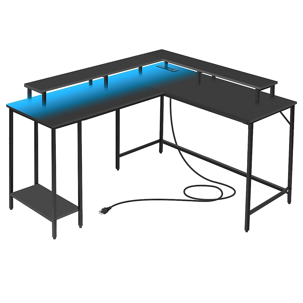 Panana 53.5" L Shaped Computer Desk Gaming Desk with LED Lights and Power Outlets, Reversible L Shaped Corner Desk with Monitor Stand, Home Office Desk with Shelf and USB Port (Black)