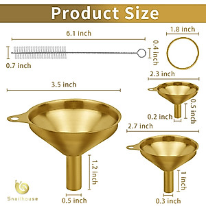 Snailhouse Small Funnels, 3 Pack Stainless Steel Mini Metal Food Funnel with Cleaning Brush Set for Filling Bottles Kitchen Use, Gold (1.78/2.16/2.95 in)