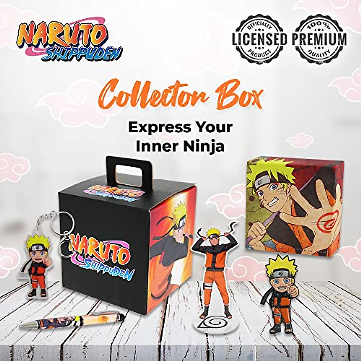 JUST FUNKY Naruto Shippuden Naruto Uzumaki Looksee Collector Box | 5 Official Naruto Collectibles | Includes Wall Canvas, Enamel Pin, Keychain, Acrylic Stand, and Floaty Pen | Collect Them All