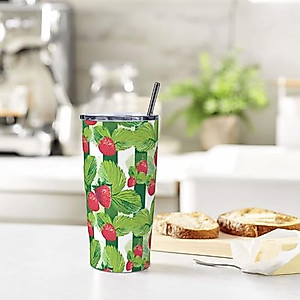 20oz Tumbler Watercolor Fruit Strawberry Double Wall Vacuum Insulated Coffee Mug with Lid and Metal Straw Brush Reusable Stainless Steel Water Bottle Travel Cup Gifts for Car Ice Drinks Hot Beverage