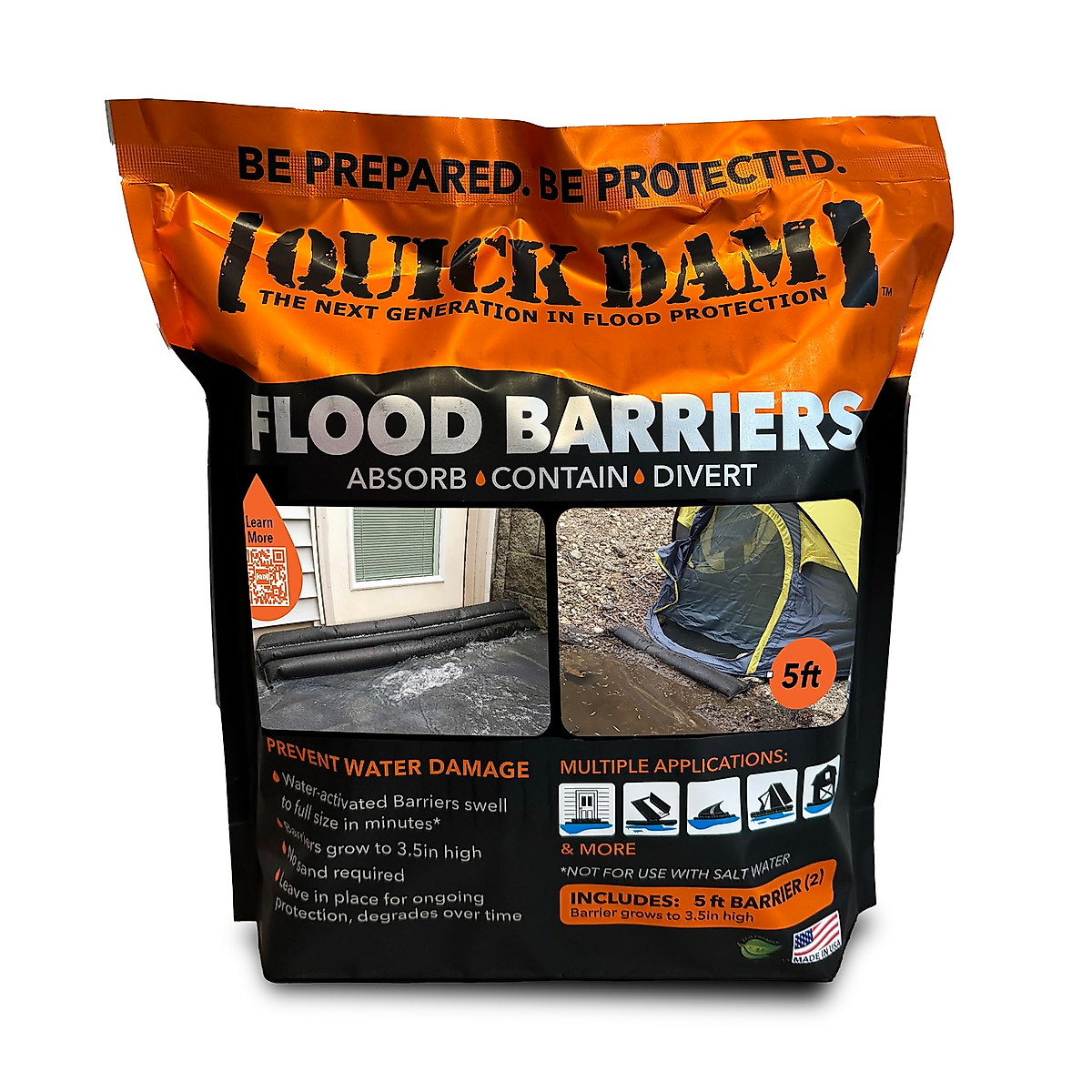 Quick Dam QD65-2 5' Barrier Water Flood Dam Bags, 2 Pack, Black
