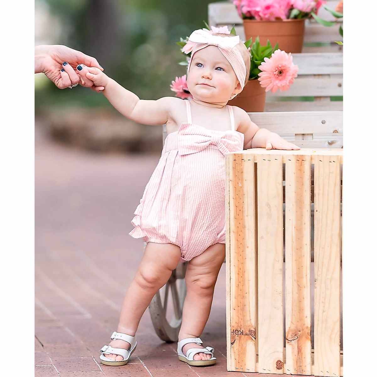 RuffleButts® Baby/Toddler Girls Pink Striped Seersucker Bubble Romper w/Bow - 3-6m