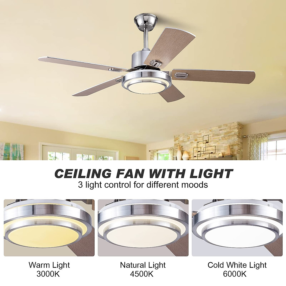BOOMJOY 52 Inch Ceiling Fans with Lights and Remote Control Outdoor Modern Black Ceiling Fan LED Bright Light for Indoor Living Room Bedroom Farmhouse Patios Garage Gazebo DC Motor Dual 5 Wood Blades