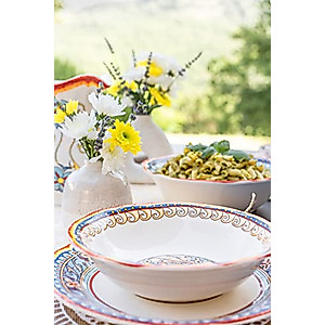 Euro Ceramica Duomo Collection Pasta Bowl Set of 4, Italian Floral Design, Multicolor, gold and cream, 34 fluid ounces