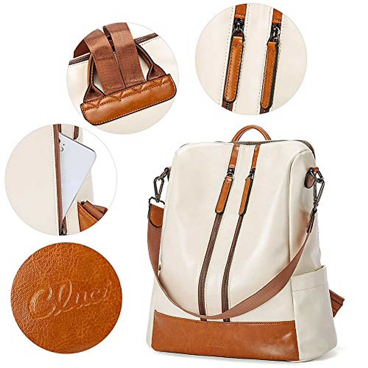 CLUCI Leather Backpack Purse for Women Covertible Travel Large Fashion Casual Lady Detachable Shoulder Bag Beige with Brown