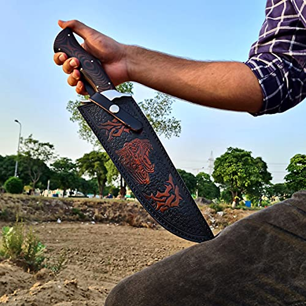 Vetus Tiger Bowie Knife| Custom handmade Survival Knife| 12C27 Stainless Steel Hunting Knife Full Tang Fixed Blade Tactical Bowie knife with Engraved Leather Sheath and Gift Box