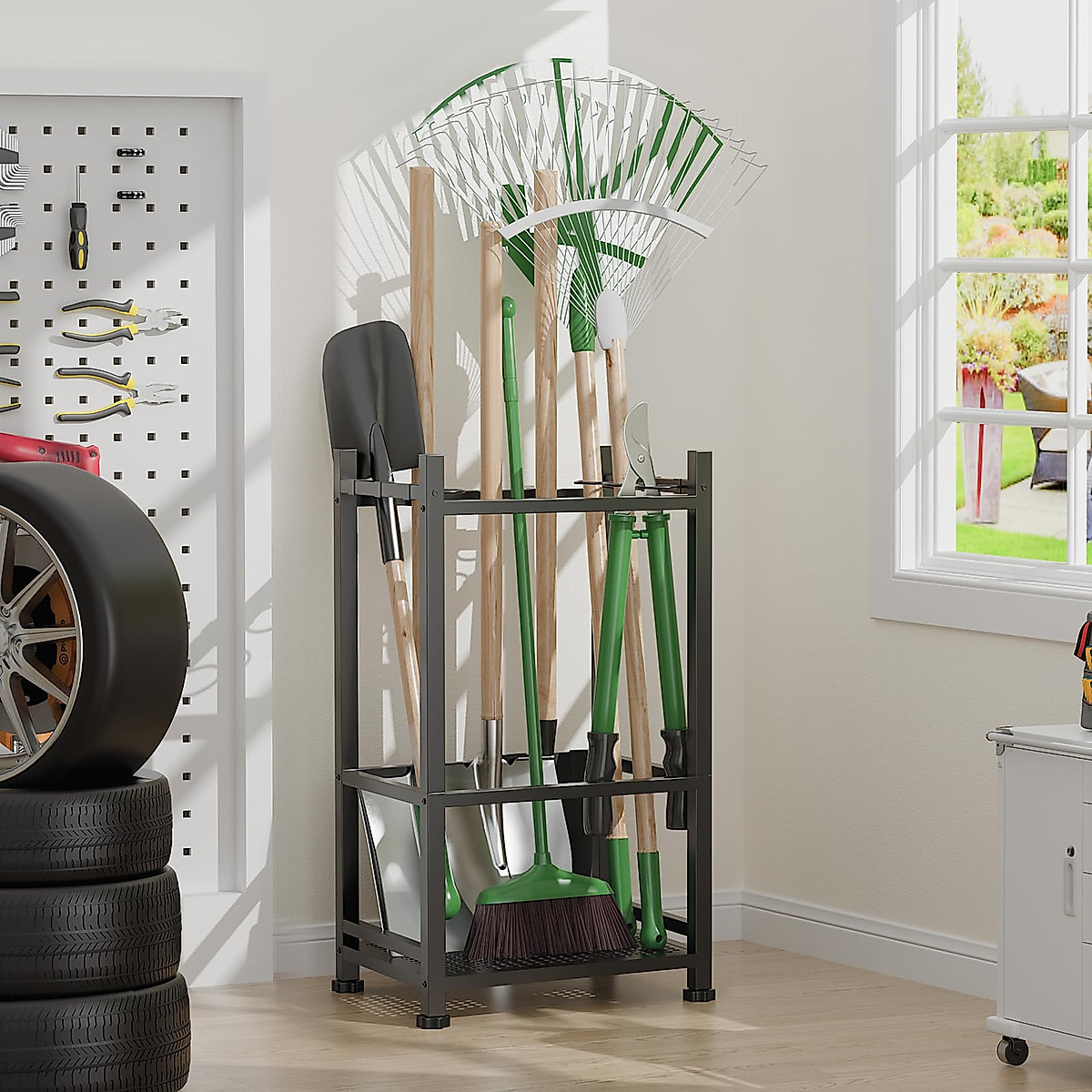 DIRZA Garden Tool Organizer,Yard Tool Organizer for Garage Organization and Storage,Garden Tool Rack with 9 Loops for Garage, Shed, Outdoor,Easy Take Out and Storage,Will NOT tip over