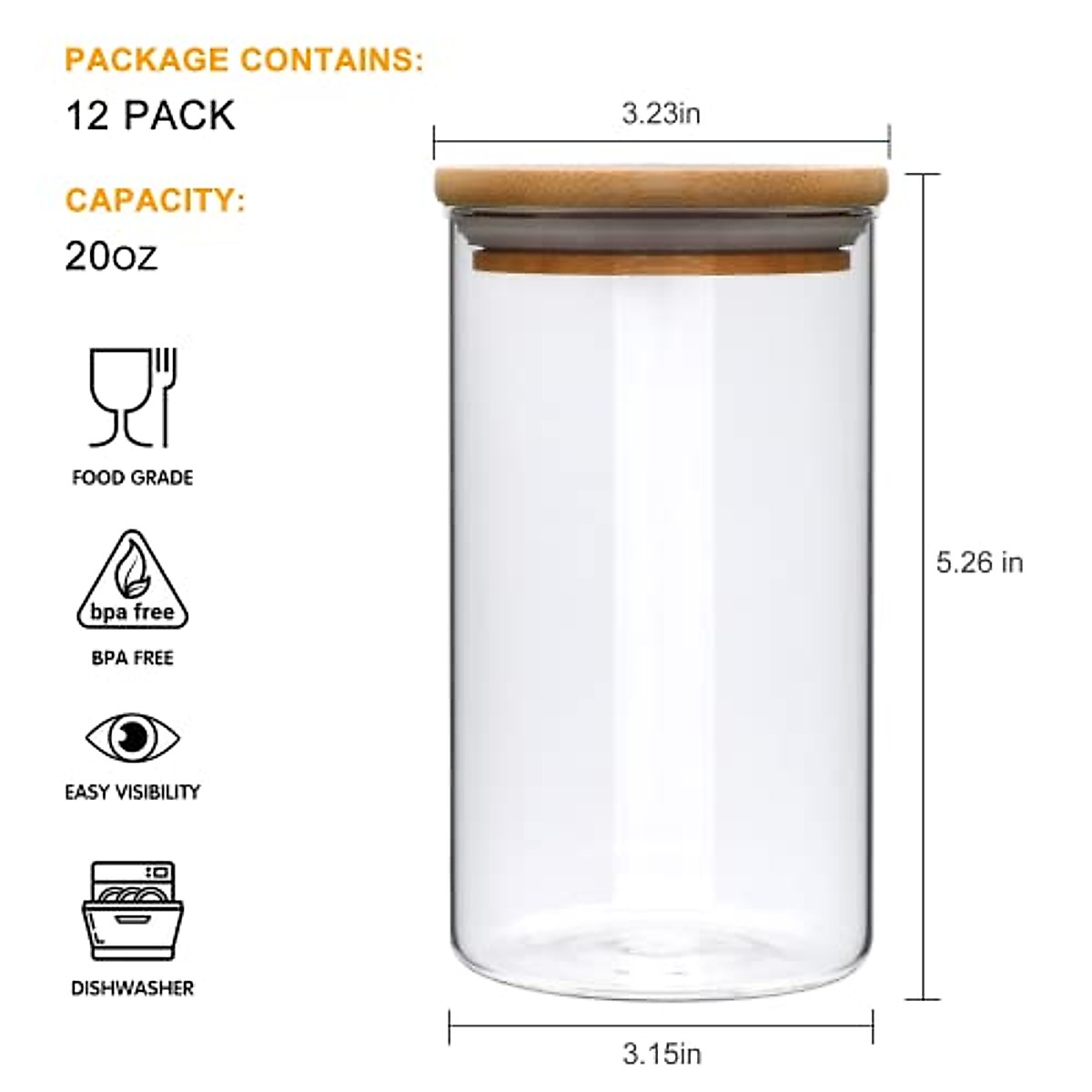 20 OZ/600ml Glass Airtight Food Storage Containers,Spice Jar with Bamboo Airtight Lids，Pack of 12 Clear Glass Food Storage Jars Containers for Candy, Cookie,Coffee