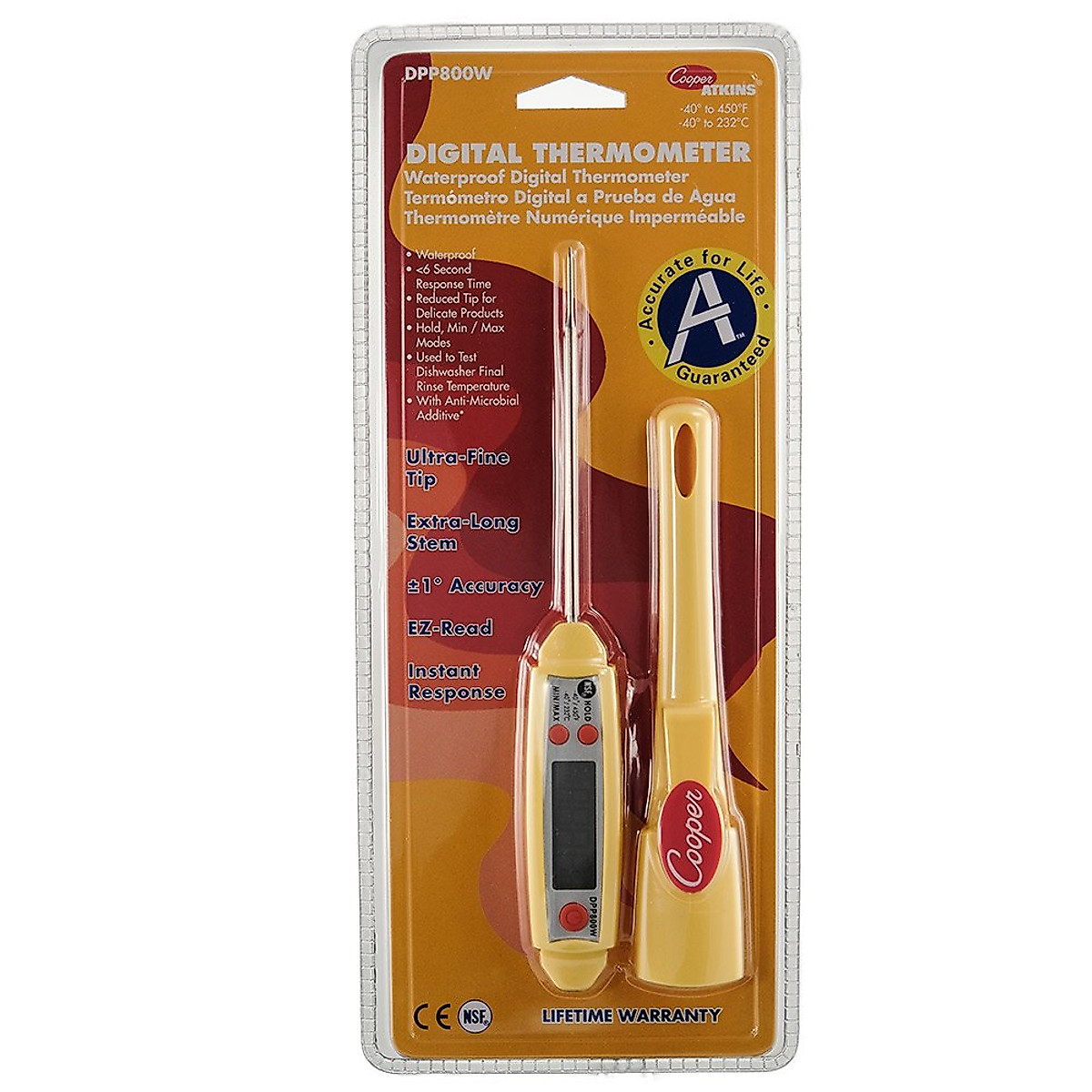 Cooper-Atkins DPP800W MAX Digital Thermometer with Long Probe, Long Probe Thermometer (Waterproof Thermometer, Auto Shutoff, Temperature Memory),Yellow